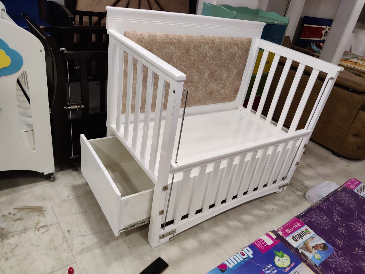 Customisable Quilted baby Cot/Crib with storage drawer - Woodscapes